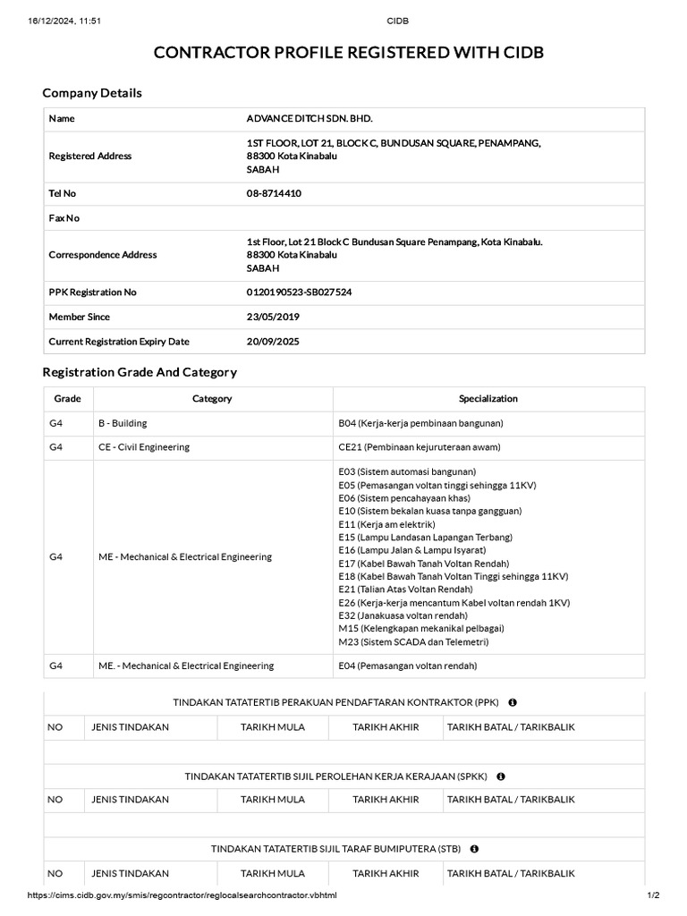 Contractor Profile Registered With Cidb: Company Details | PDF