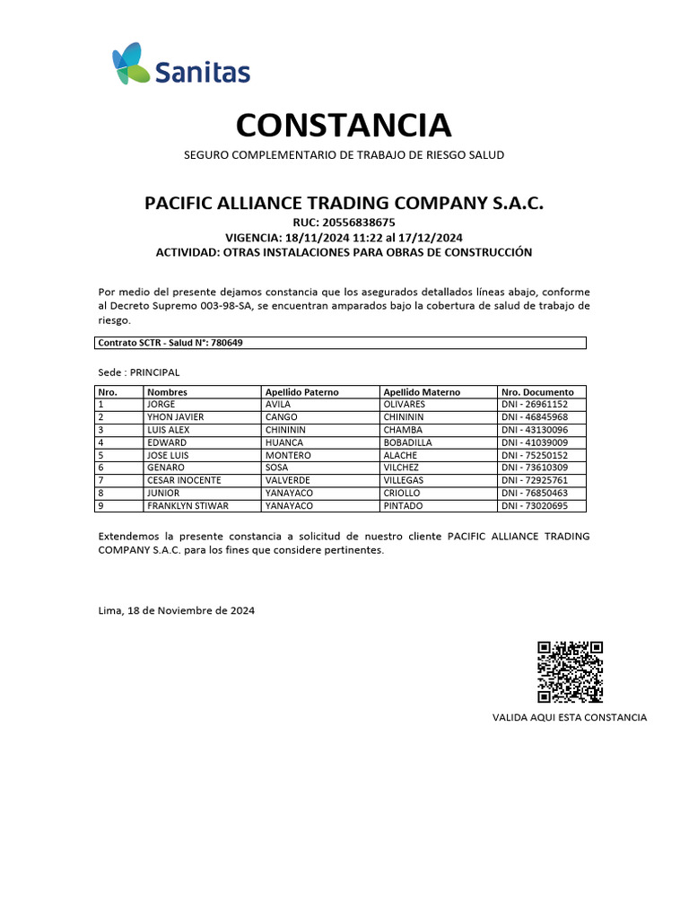 PACIFIC ALLIANCE TRADING COMPANY S.A.C. CONSTANCIA INCLUSION 1 | PDF