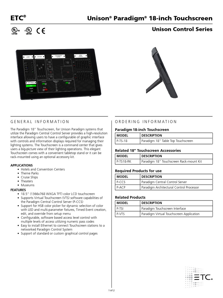 7184L1003 Paradigm PTS-18 Datasheet RevC | PDF | Display Resolution | Touchscreen