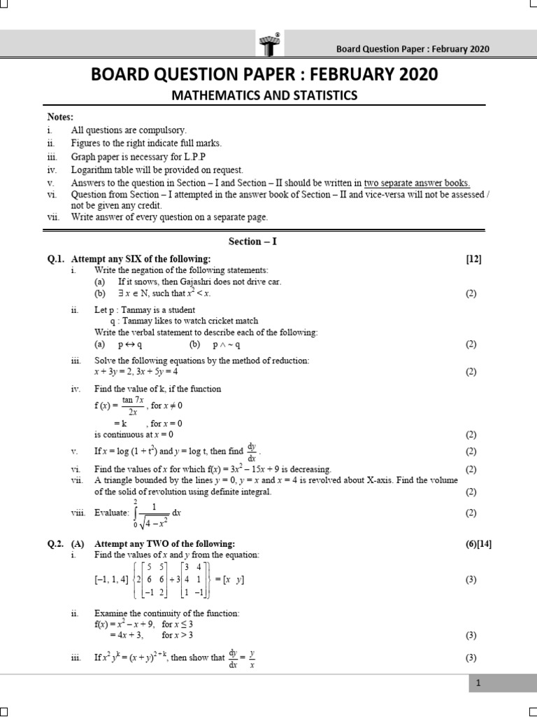 Mathematics March 2020 STD 12th Commerce HSC Maharashtra Board Question Paper | PDF ...