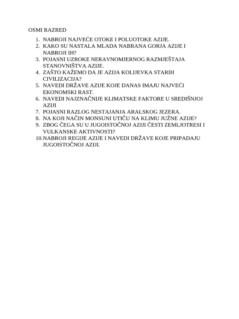 Pitanja Za Ponavljanje, 8 Razred Geografija | PDF