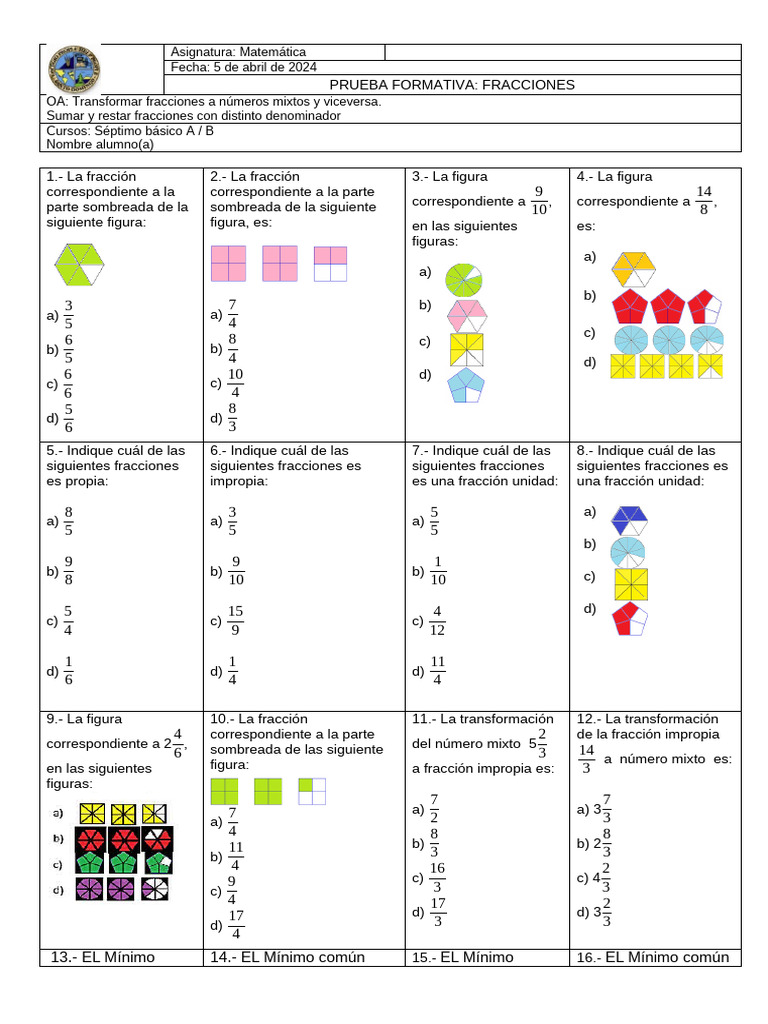 PRUEBA FORMATIVA FRACCIONES 7ºA y 7ºB 1111 | PDF