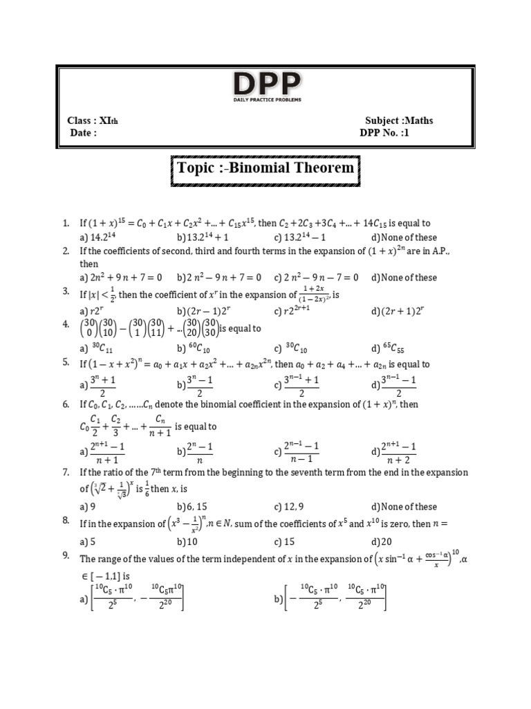 XI Maths DPP on Binomial Theorem | PDF | Mathematics | Combinatorics