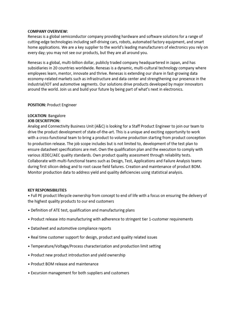 Product Engineer | PDF | Engineering | Electrical Engineering