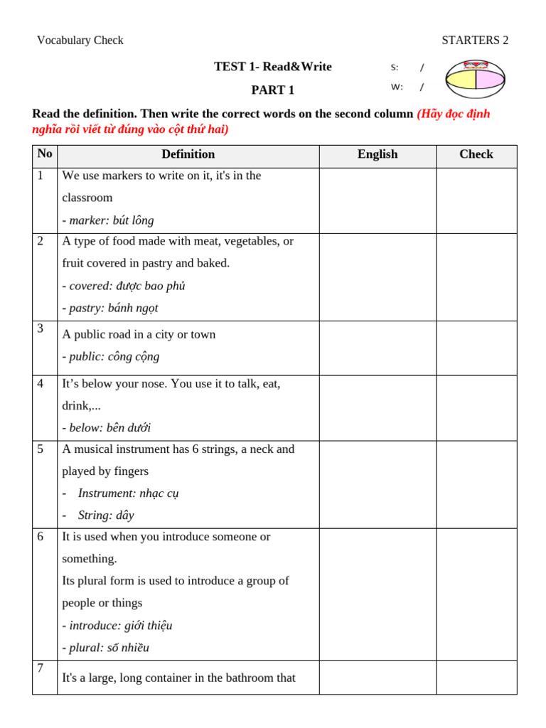 Vocabtest - Sta 2 .R&W - Test 1 | PDF | Plural | Clothing