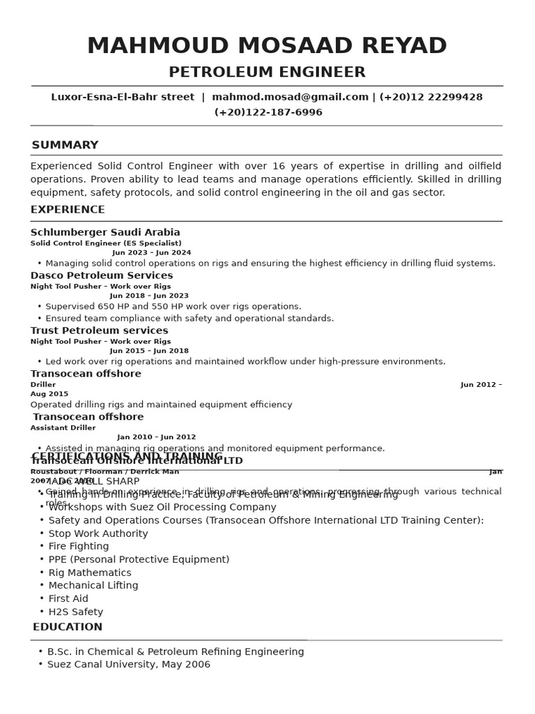 cv انجلش قابل للتعديل ٢٠٢٥ | PDF | Petroleum | Oil Well