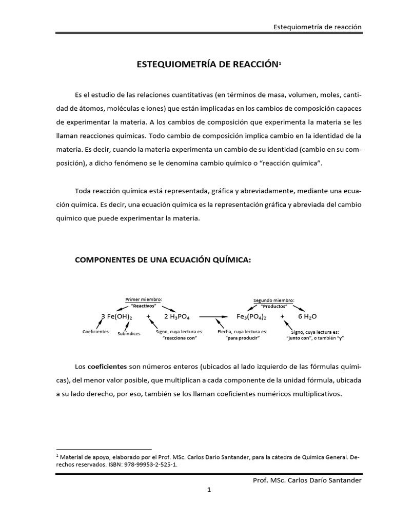 Estequiometría de Reacción | PDF | Compuestos químicos | Estequiometría