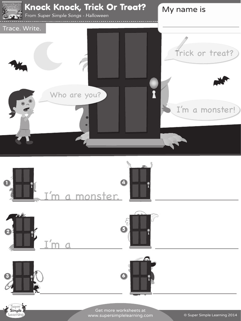 Knock Knock Trick or Treat Worksheet Trace Write BW | PDF
