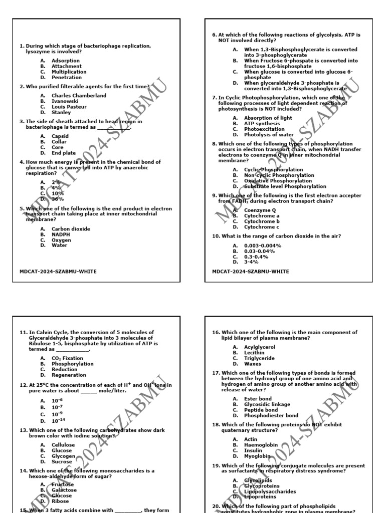 Mdcat 2024 Szabmu Ques Paper | PDF | Phosphorylation | Hydroxide