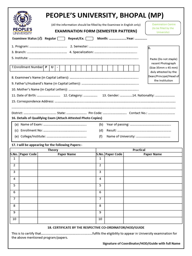 Examination Form for University Students | PDF