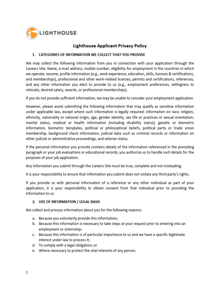 Lighthouse Applicant Privacy Policy | PDF | World Wide Web | Internet & Web