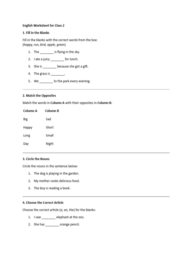 English Worksheet For Class 2 | PDF