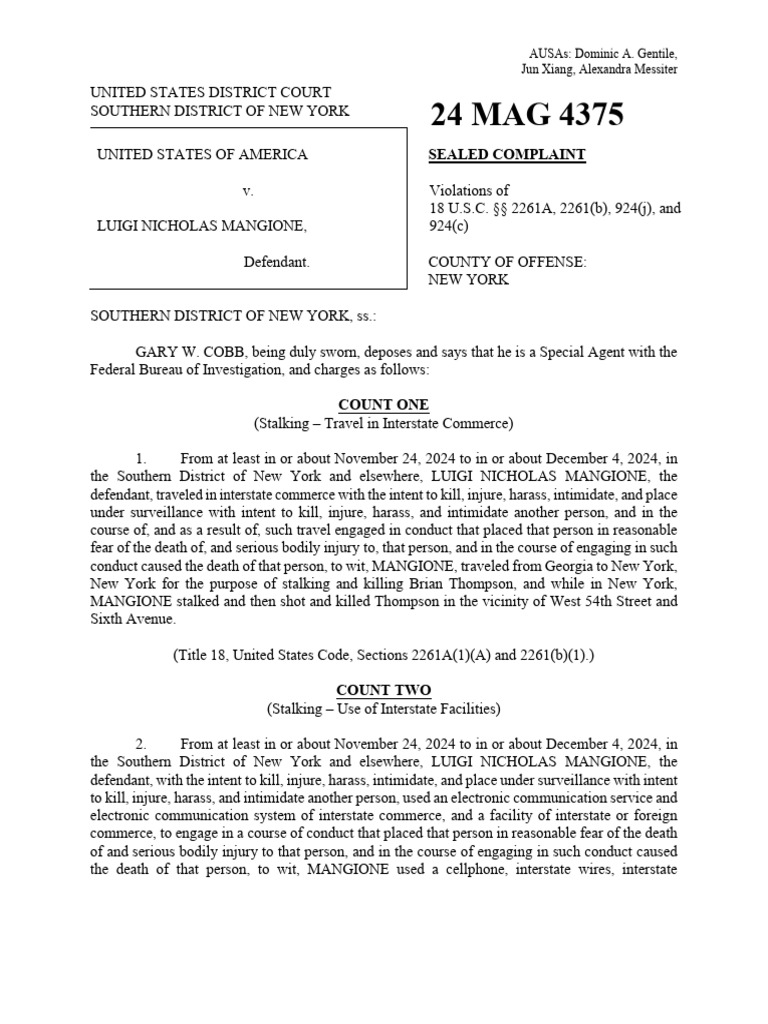 Luigi Mangione Federal Criminal Complaint | PDF | Stalking | Title 18 ...