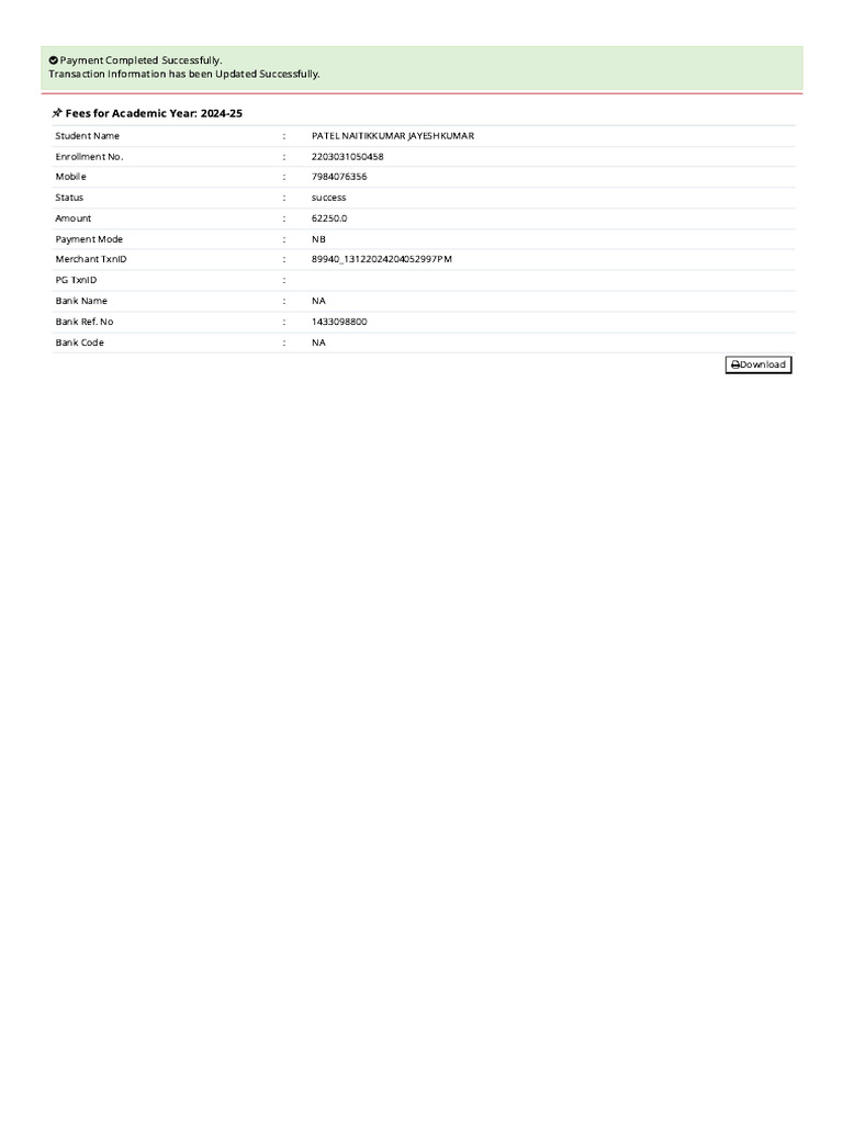 Student Fee Payment Confirmation | PDF