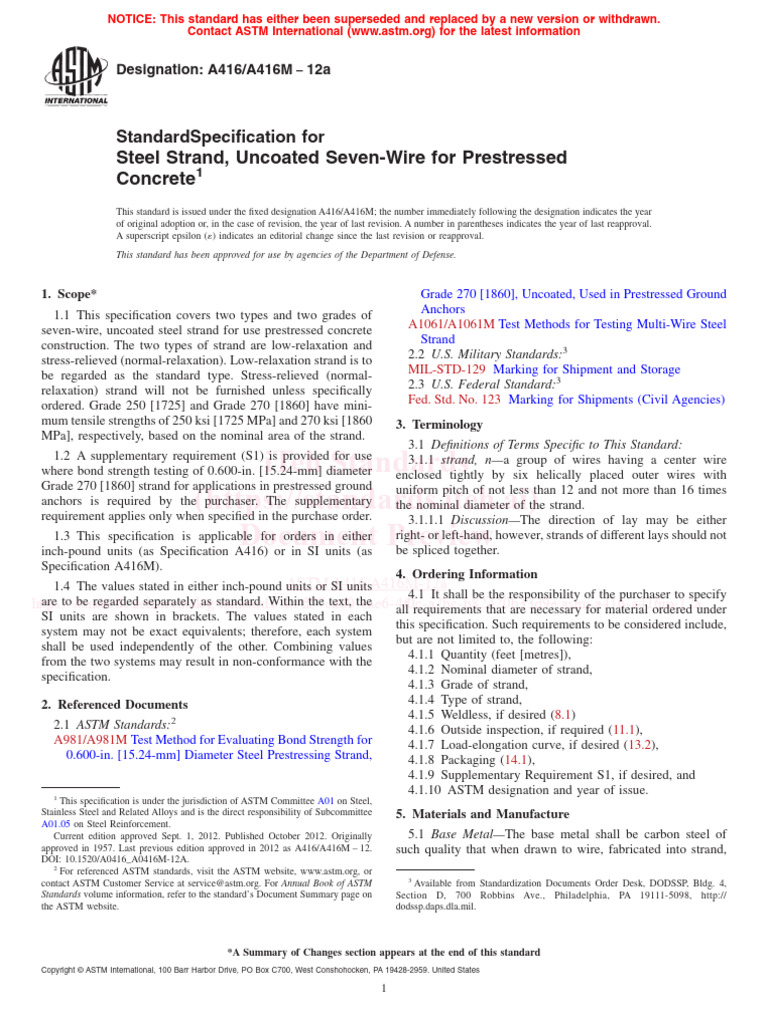 ASTM A416 A416M 12a | PDF | Engineering Tolerance | Wire