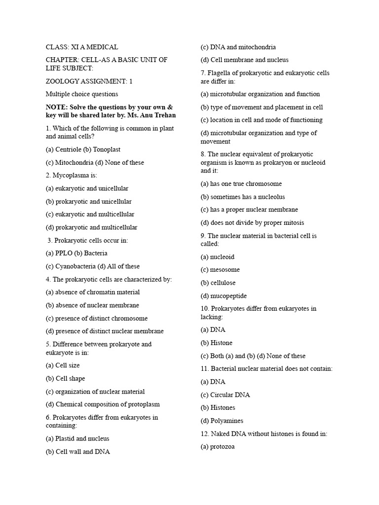 Zoology Assignment 1 | PDF | Cell (Biology) | Prokaryote