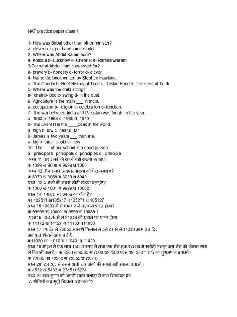 NAT Practice Paper Class 4 | PDF