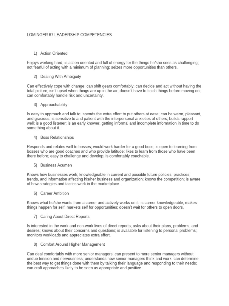 Lominger 67 Leadership Competencies | PDF | Negotiation | Goal
