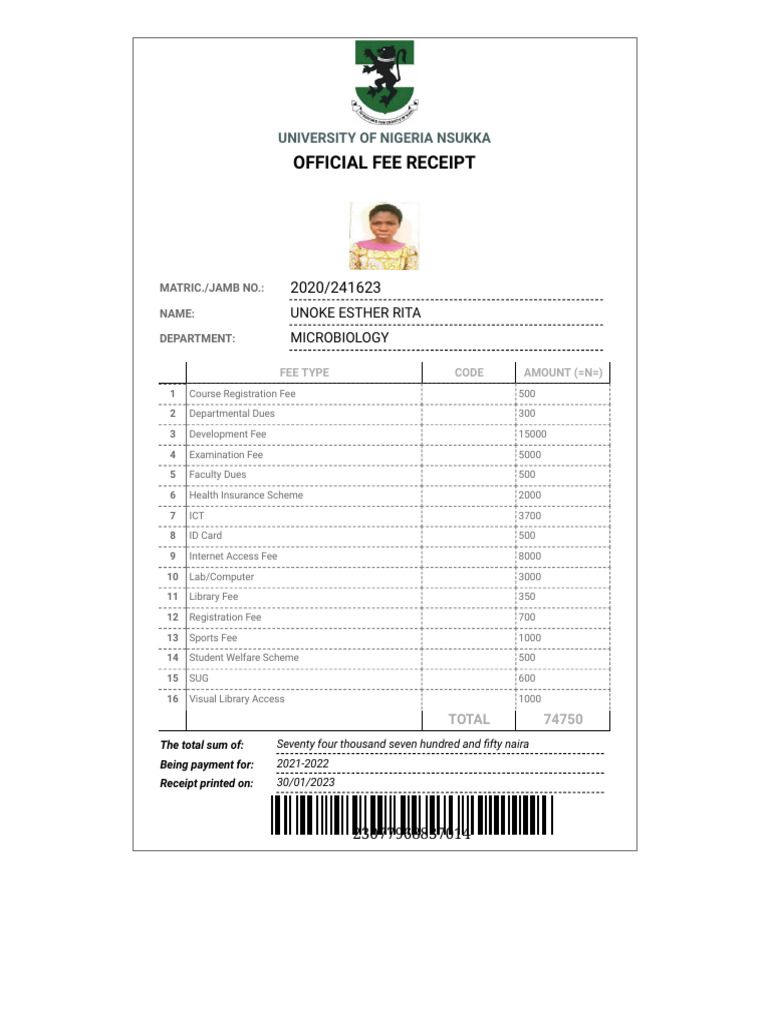 UNN Official Fee Receipt 2021-2022 | PDF
