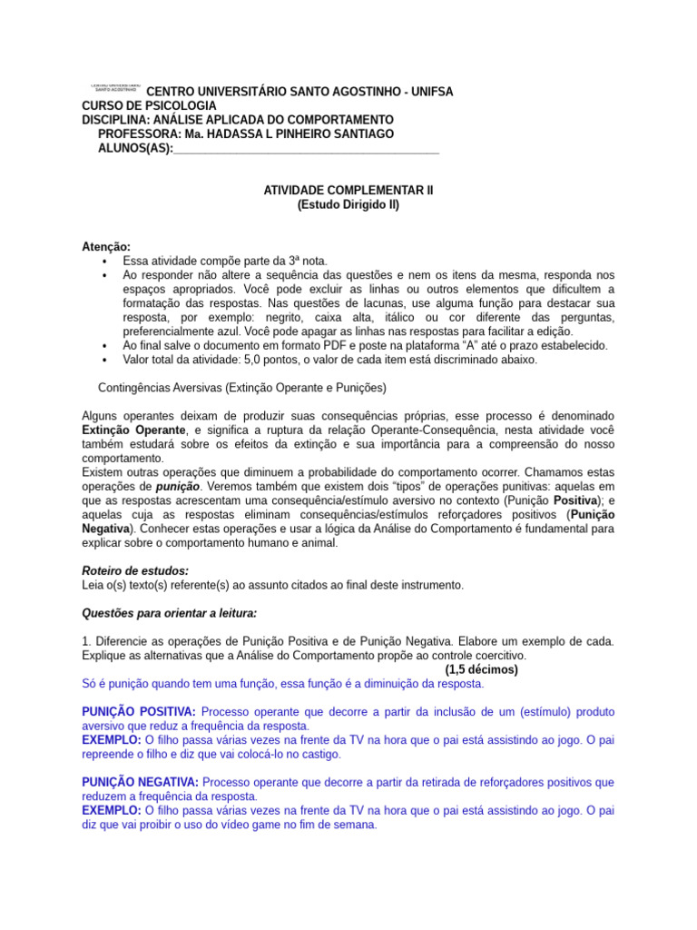 Atividade Complementar Ii - Estudo Dirigido - Análise Aplicada Do Comportamento | PDF ...