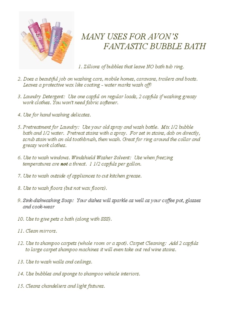 MANY USES FOR AVON’S FANTASTIC BUBBLE BATH | PDF | Laundry | Washing ...