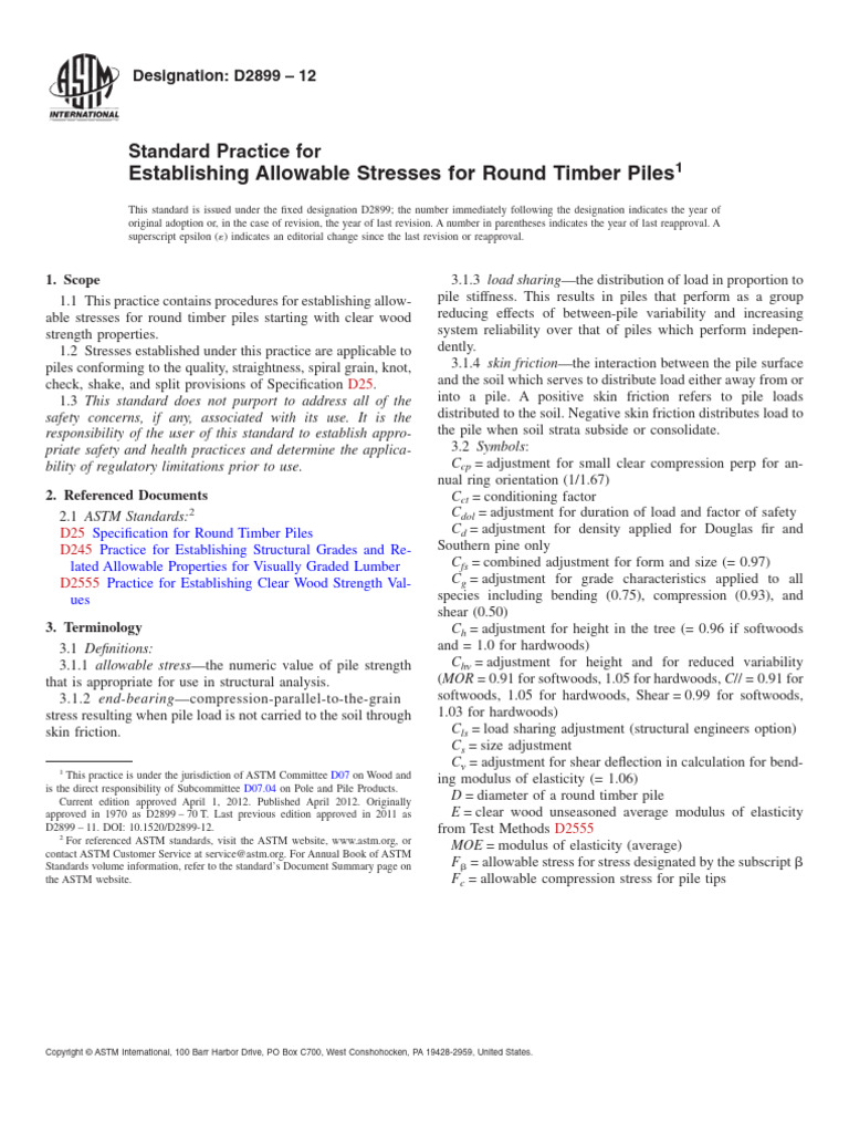 ASTM D2899 Allowable Stresses For Round Timber Piles | PDF | Bending ...