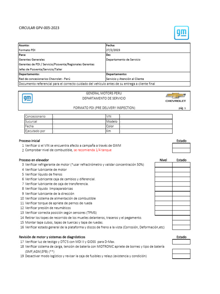 Formato PDI Pre Delivery Inspection | PDF | Tecnología de vehículos ...