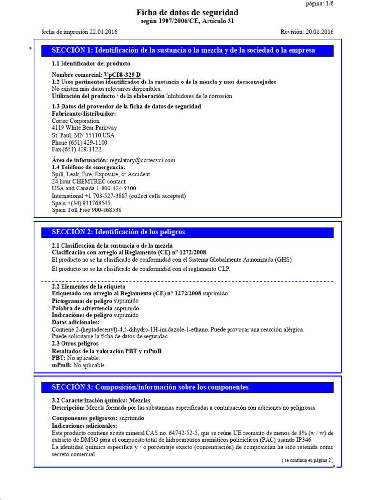 Hojas de Seguridad Aceite Vci Vpci-329 - D - (E) - 01!20!16 | PDF ...