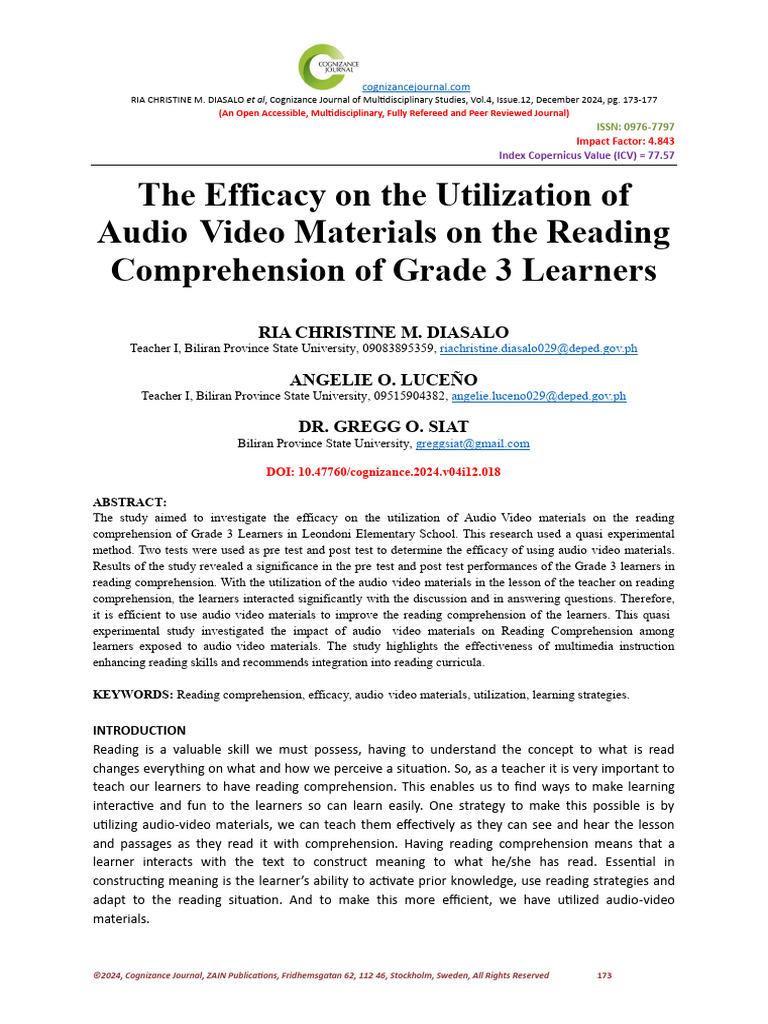 The Efficacy On The Utilization of Audio-Video Materials On The Reading Comprehension of Grade 3 ...