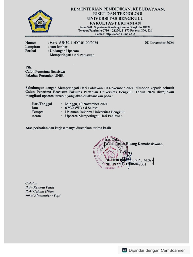 Undangan Calon Penerima Beasiswa FP Unib 2024 | PDF