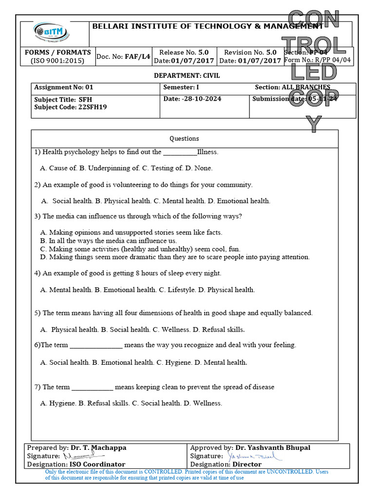 SFH Assignment1 24-25 1sem | PDF | Mental Health | Stress (Biology)