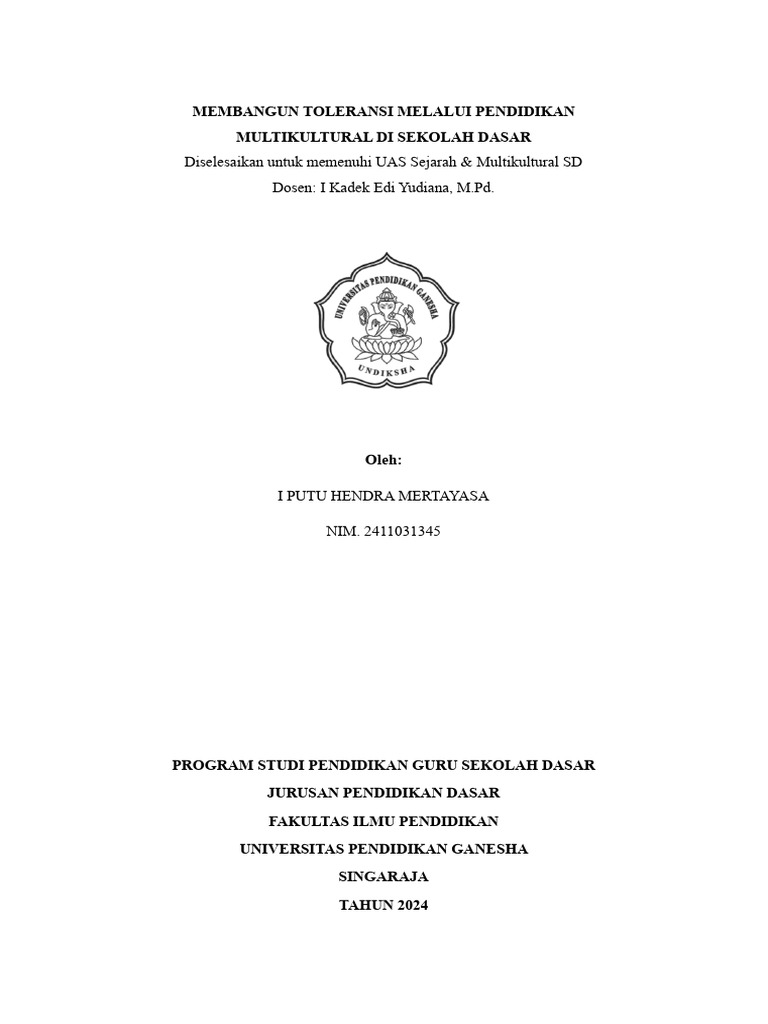Essai "Membangun Toleransi Melalui Pendidikan Multikultural Di Sekolah Dasar" | PDF