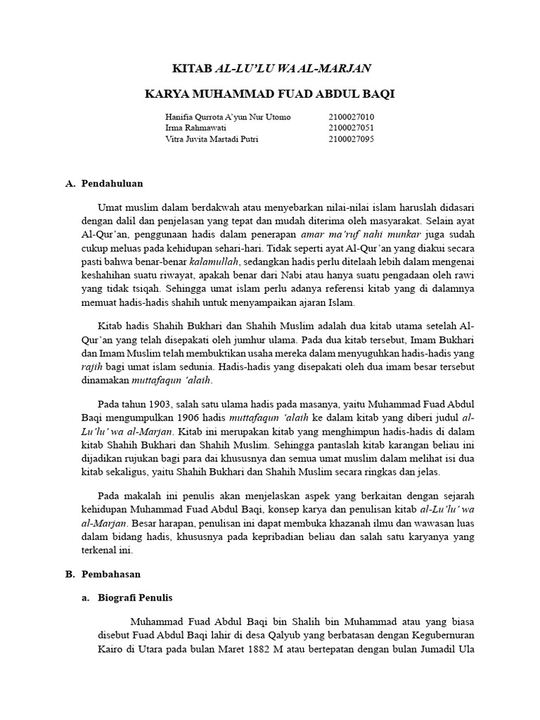 Makalah Kel Kitab Al-Lu'lu Wa Al-Marjan | PDF