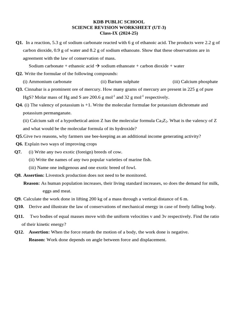 Class IX Science Revision Worksheet | PDF