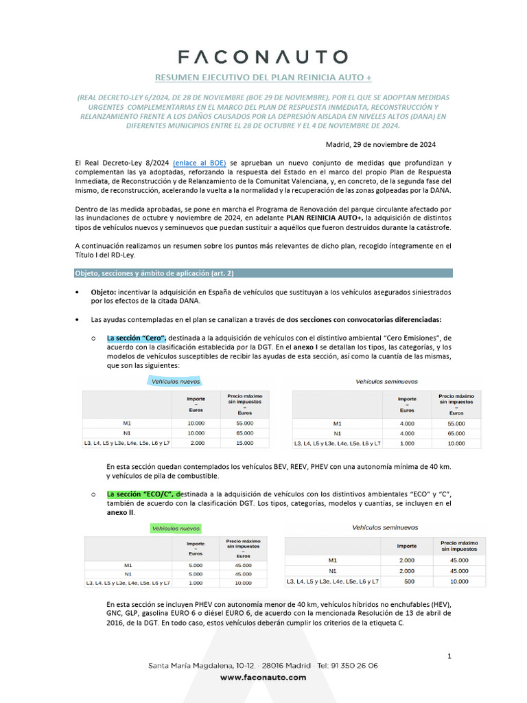 Resumen Ejecutivo RD-Ley 8-2024 Plan Reinicia Auto + (noviembre 2024 ...