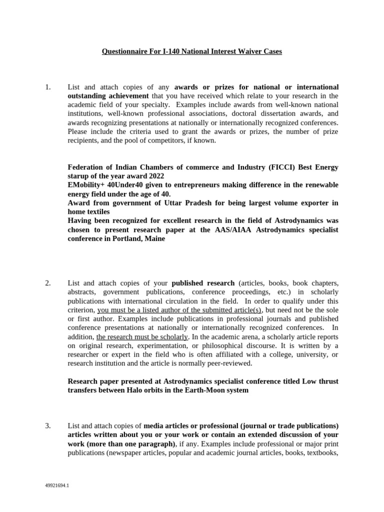 I-140 NIW Questionnaire-EB1 1 | PDF | Engineering | Business