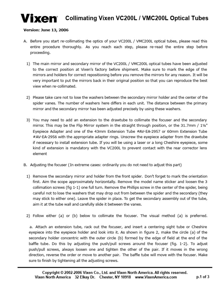VixenNorthAmerica VC200L Collimate | PDF | Mirror | Optics