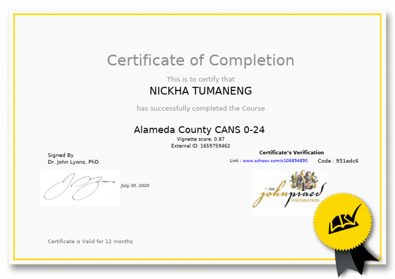 CANS 0-24 Certificate of Completion - Nickha Tumaneng | PDF