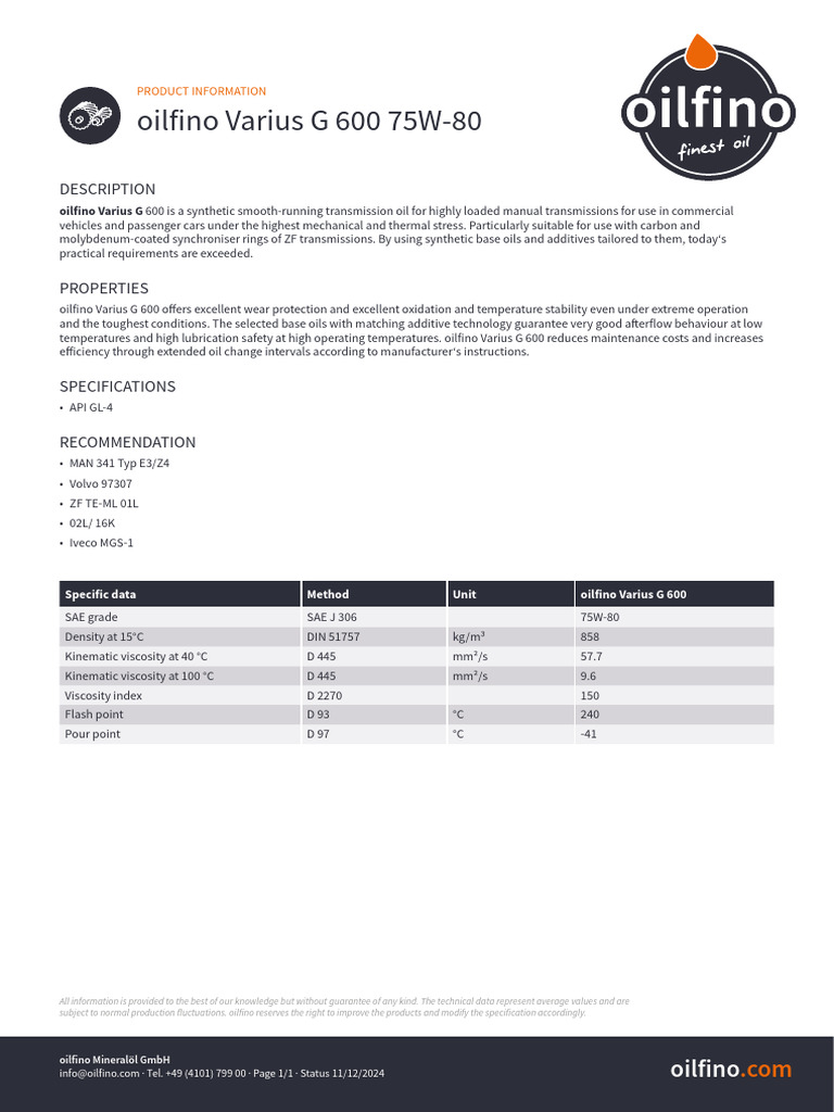 oilfino Varius G 600 Transmission Oil | PDF | Mechanical Engineering ...