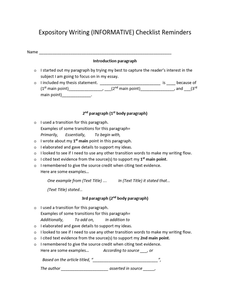 Expository Writing Checklist Reminders | PDF | Essays | Human Communication
