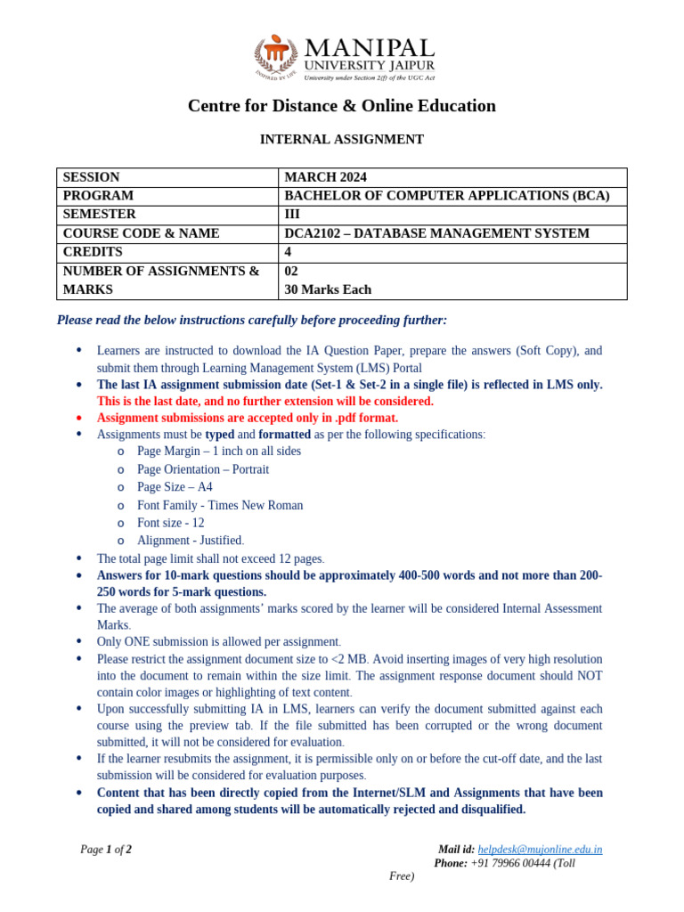 Assignment DCA2102 IA QP Set 1 & 2 March'24 | PDF | Computing