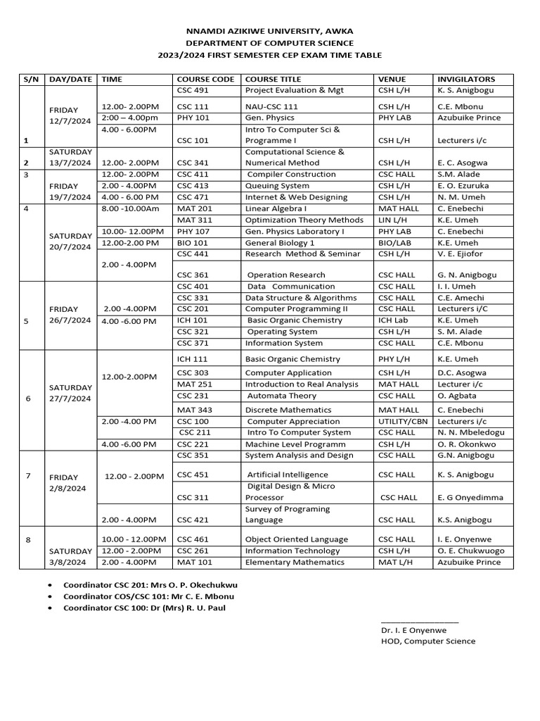 Amended 2023 2024 CSC First Semester Exam Time Table-1 | PDF | Computing | Computer Programming