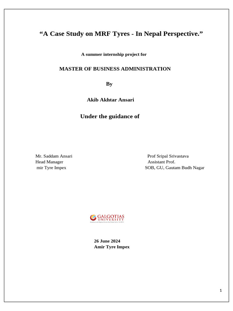 Summer Internship at MRF Tyre by Akib Akhtar Ansari | PDF | Survey ...