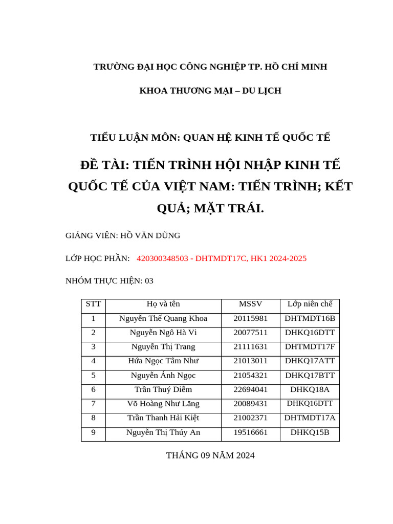 Tiểu luận giữa kì IUH - Quan hệ kinh tế quốc tế | PDF