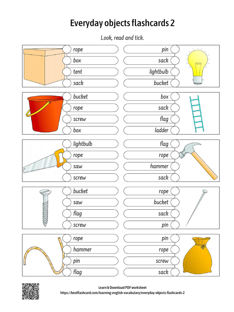 Everyday Objects Flashcards 2: Learn & Download PDF Worksheet | PDF