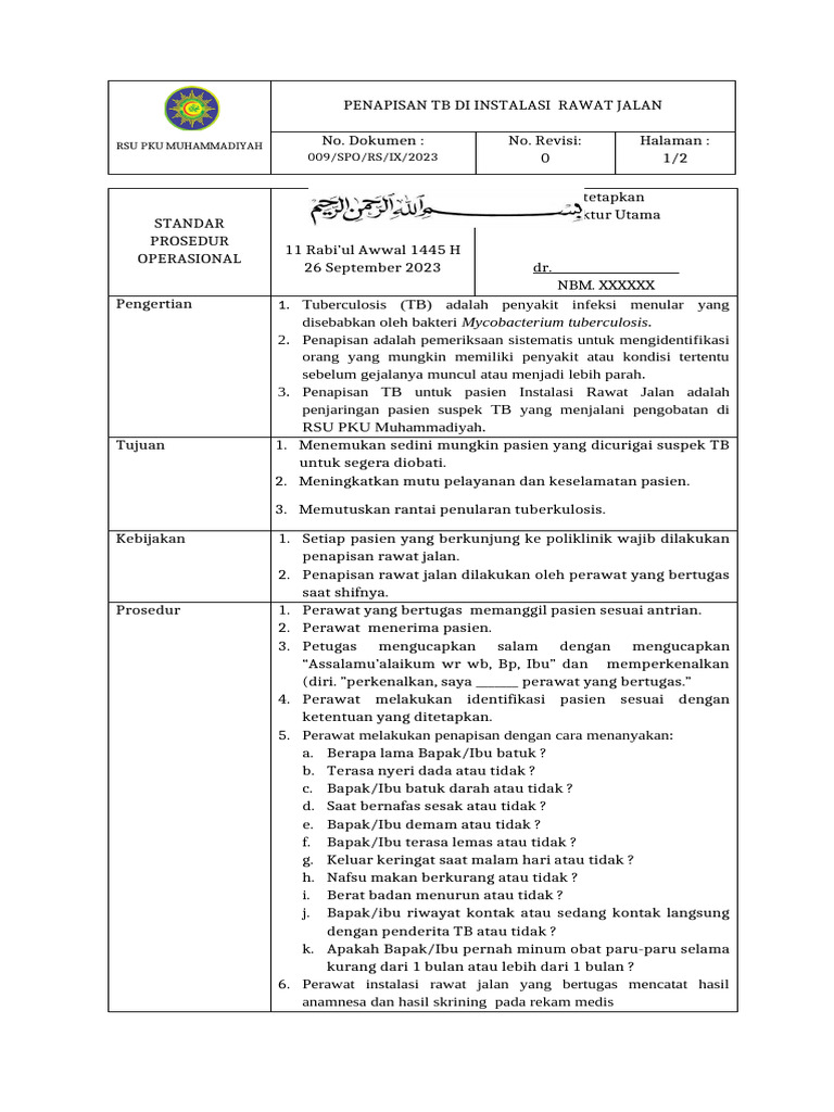 SPO Penapisan TB Di Instalasi Rawat Jalan | PDF