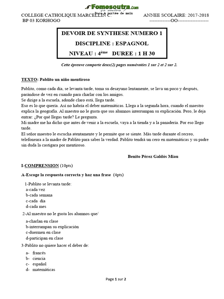 Devoir de Synthese Numero 1 Discipline: Espagnol Niveau: 4 Duree: 1 H 30 | PDF | Mentira