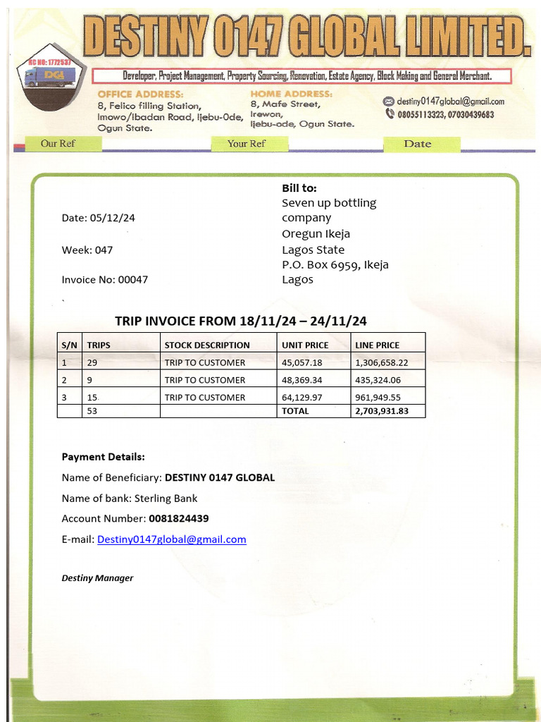 Trip Invoice for Seven Up Bottling | PDF