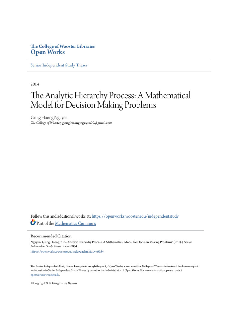 The Analytic Hierarchy Process a Mathematical Model for Decision | PDF | Eigenvalues And ...