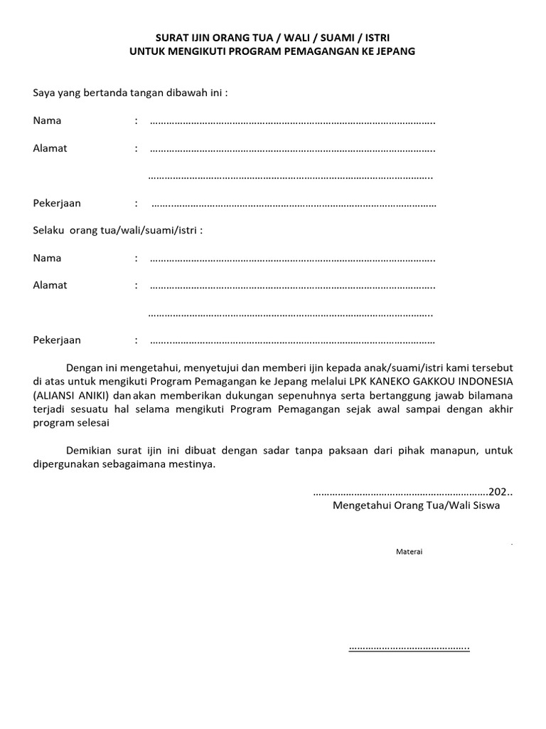 Surat Ijin Orang Tua Mengikuti Program Magang | PDF